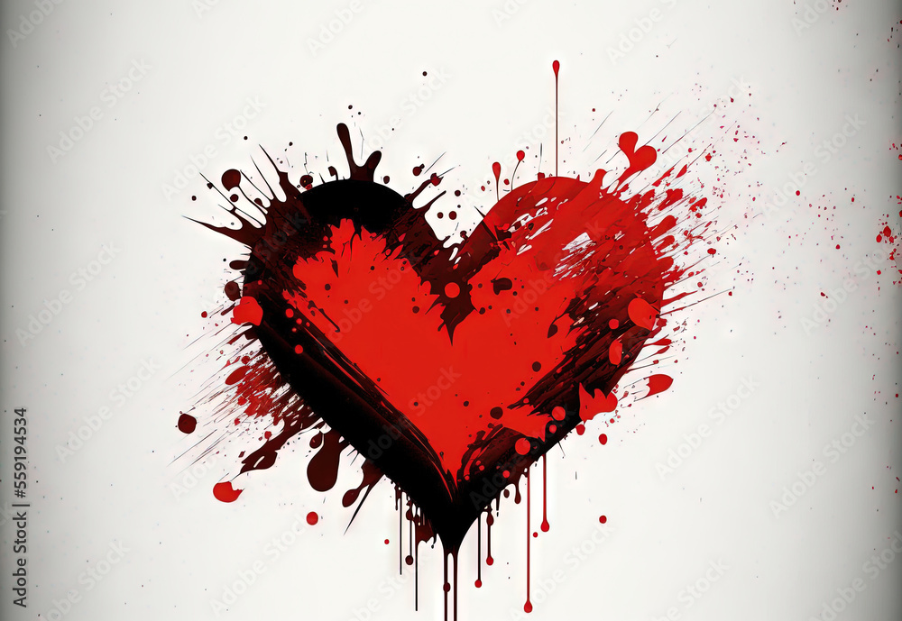 a red heart with splatters and paint splatters on it's side and a white ...