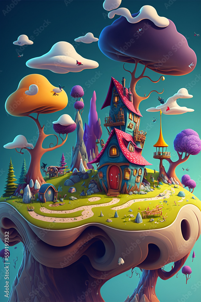 Fantasy land. Candy land. Cartoon castle, cartoon tower. Fairy tale ...