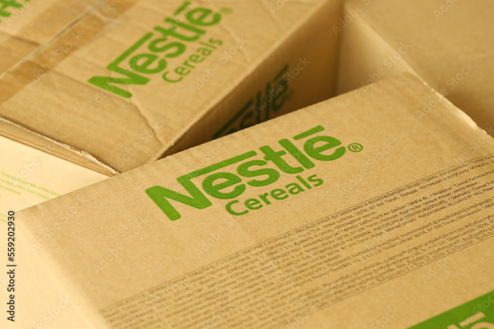KYIV, UKRAINE - MAY 4, 2022 Big cardboard boxes with logo of Nestle ...