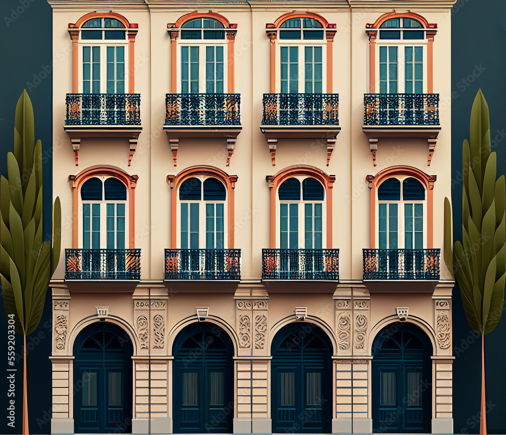 row of facades, front street building facades Stock-Illustration ...