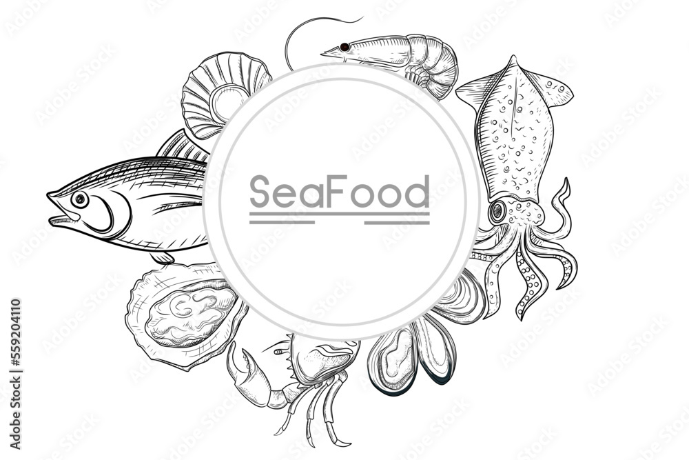 Illustration of seafood circle pattern with different type of delicacy ...