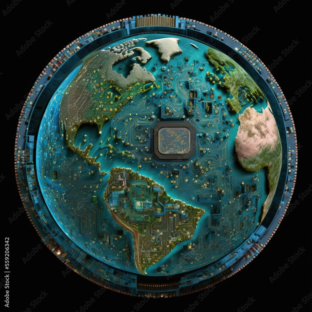 Earth from space with oceans covered by computer chips, concept of ...