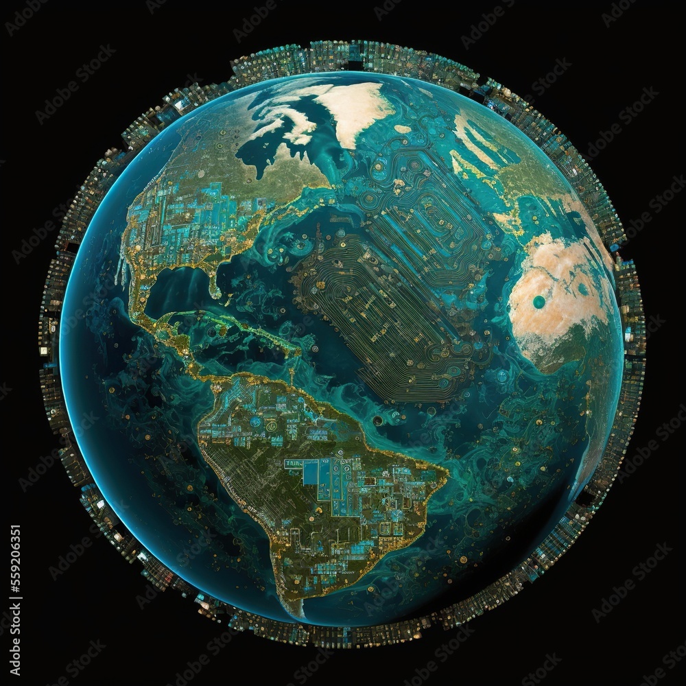 Earth from space with oceans covered by computer chips, concept of ...