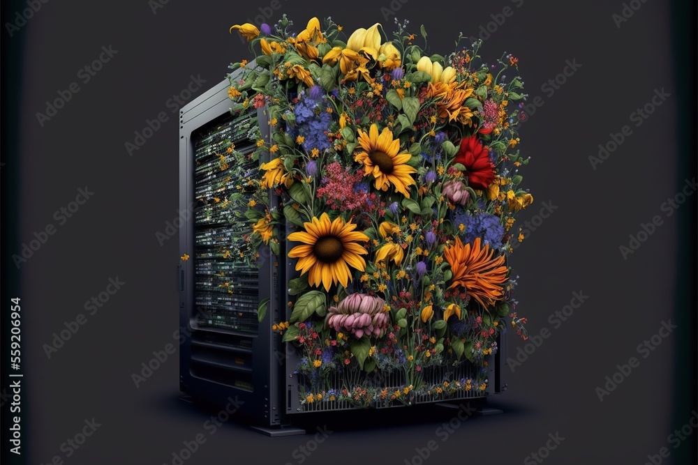 Server rack full of flowers, green computing, green technology, created ...
