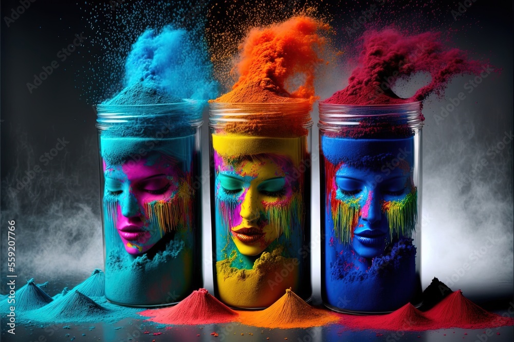 three jars with different colored powders in them and a woman's face ...