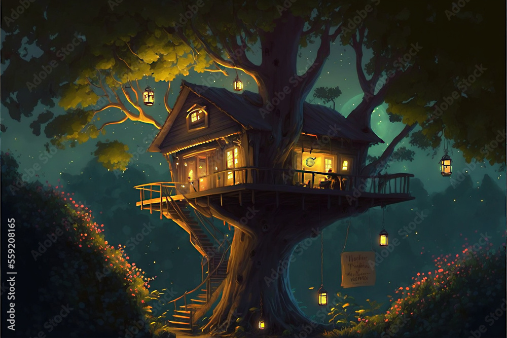 Whimsical Summer Treehouse at Night Stock Illustration | Adobe Stock