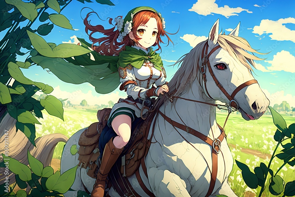 An anime girl is riding a white horse through a beautiful fantasy green ...