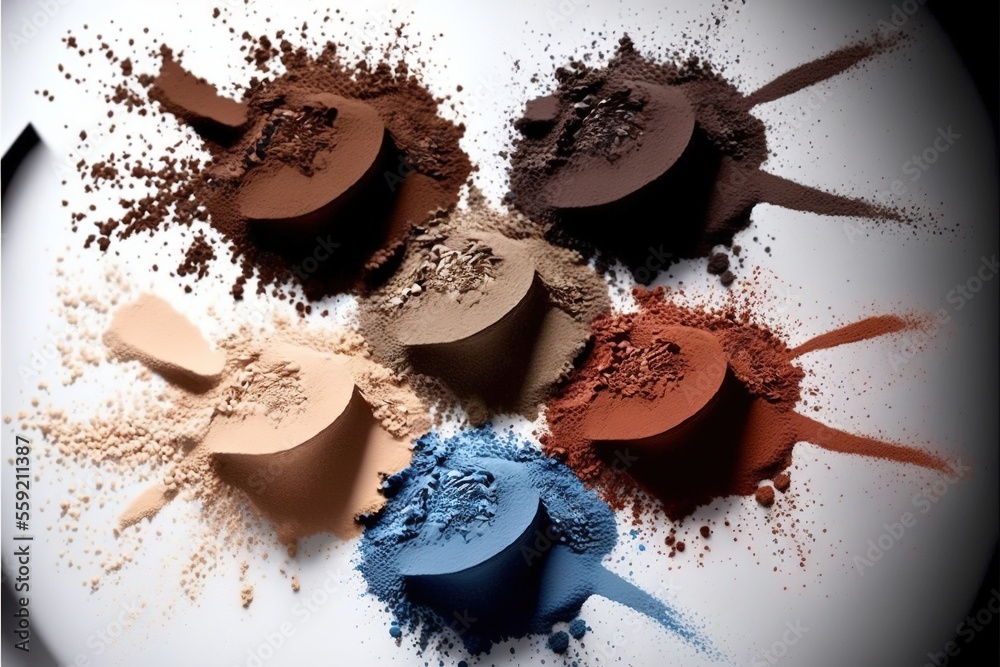 a group of four different colored powders on a white plate with a black ...