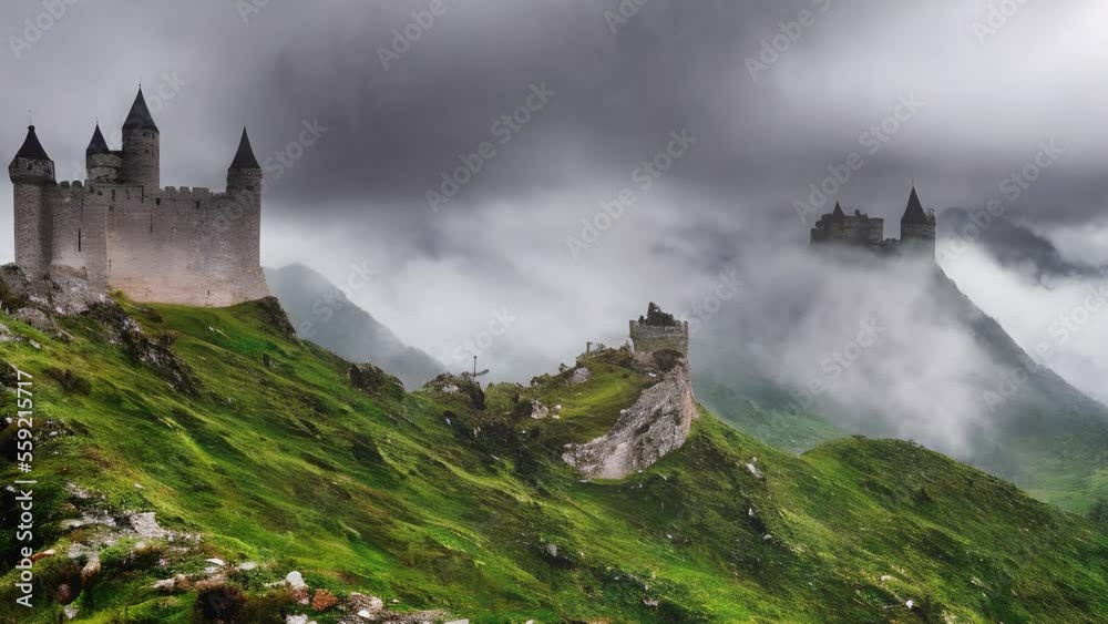 Medieval castles on hill, fog Stock Video | Adobe Stock