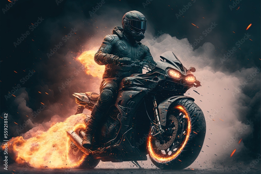 a man riding a motorcycle on a dark street with a lot of fire coming ...