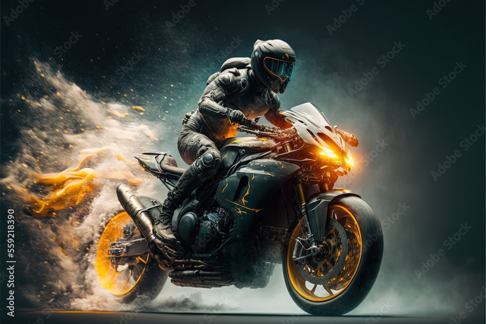 a man riding a motorcycle with a lot of fire behind him on a dark ...