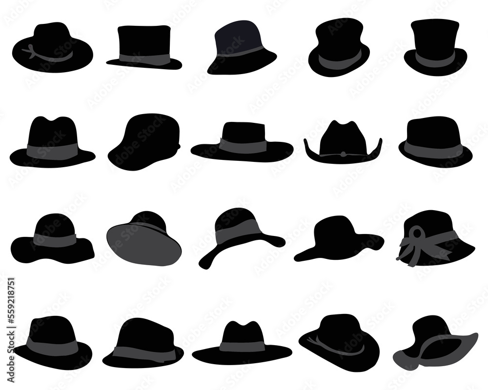 Silhouettes of male and female hats and caps on a white background ...