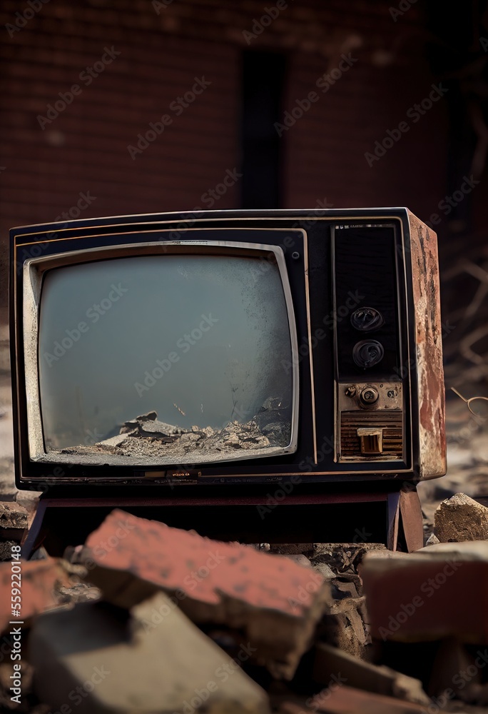 An old TV lying on the ruins of a house. A post-apocalyptic ruined city ...