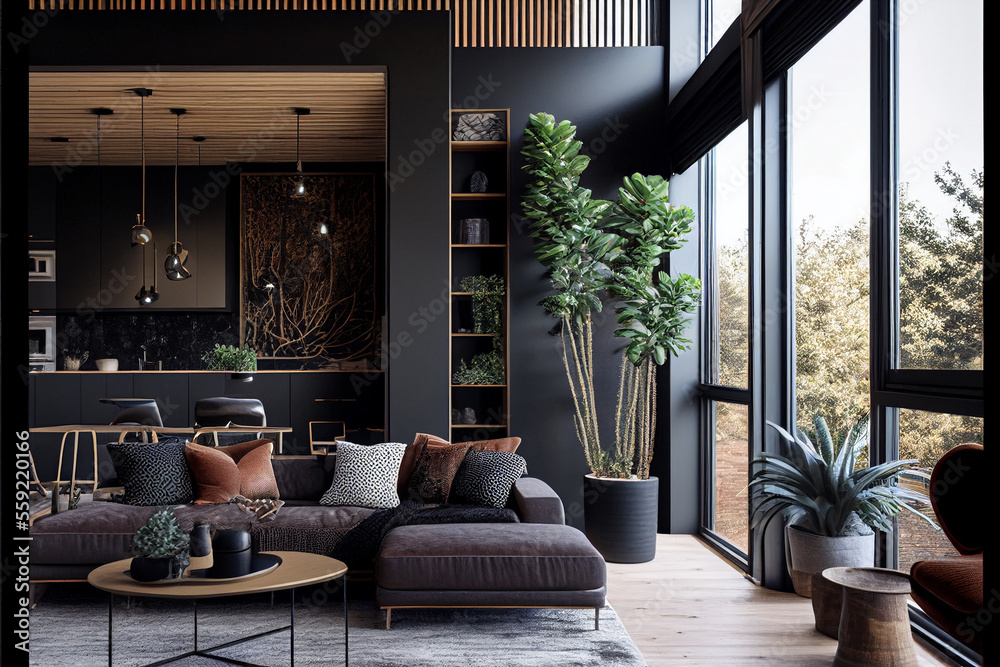 Dark Interior Room With Modern Architecture and Natual Light Stock ...