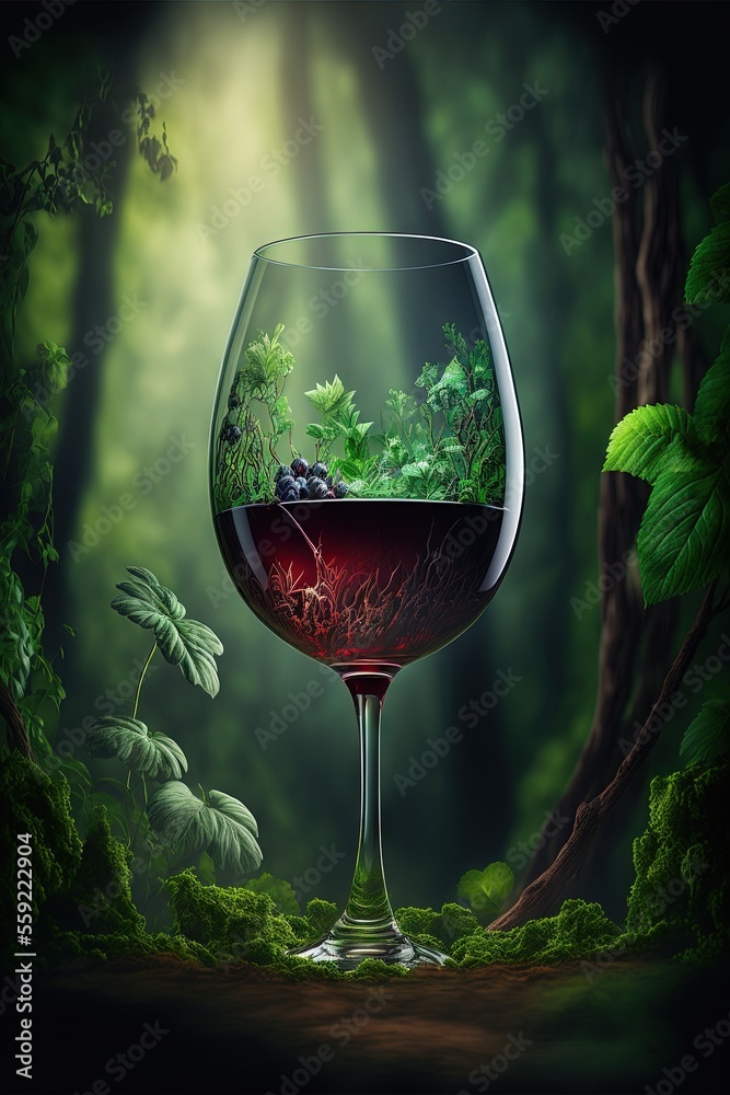 a glass of wine with a plant inside of it in a forest setting with a ...