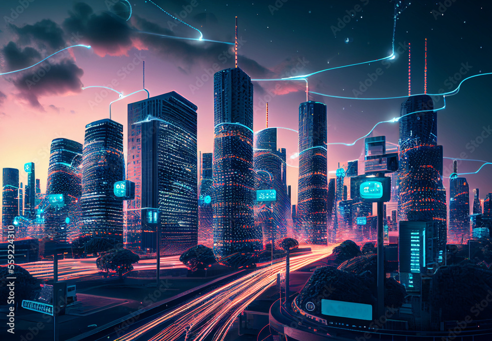 Modern concept of urban landscape and communication network. high-speed ...