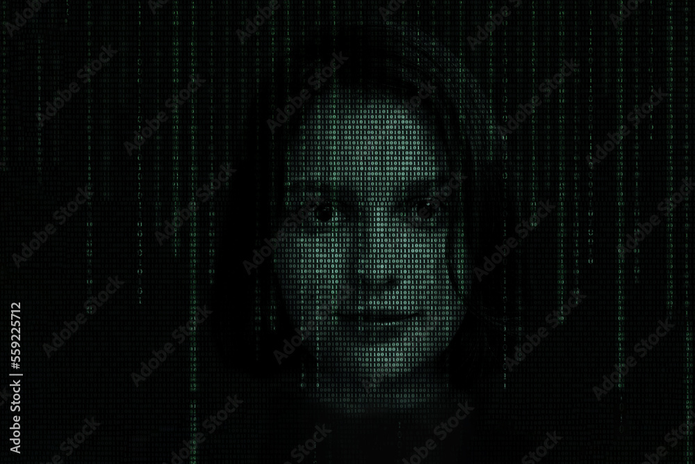 Female face with matrix digital numbers artifical intelligence AI theme ...