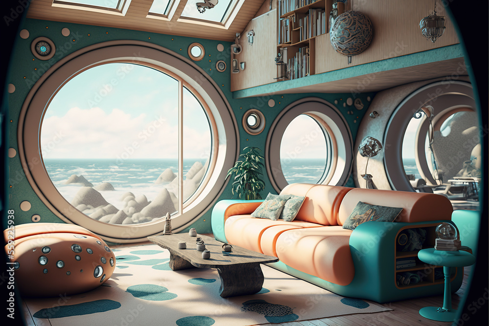 Retro beach house lounge with bubble-punk design. Inside of retro ...