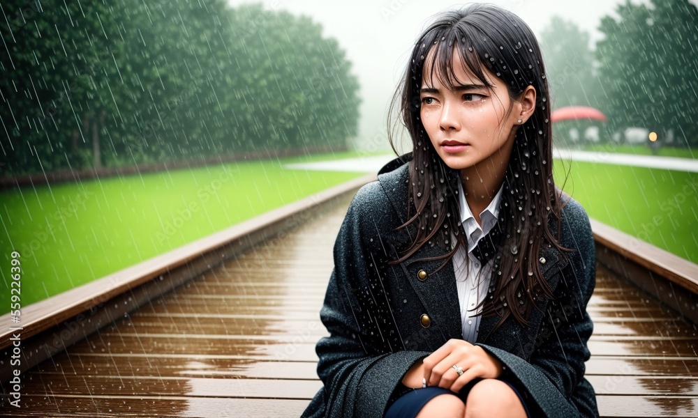 Sad female woman crying in the rain. Heartbroken girl shedding tears ...