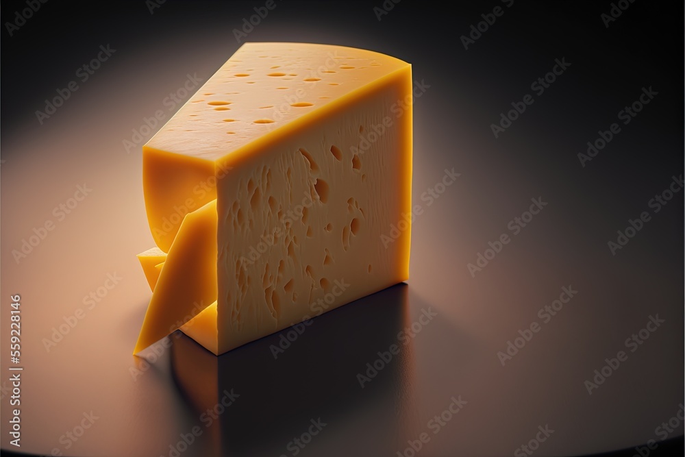 a piece of cheese with holes in it on a table top with a black ...