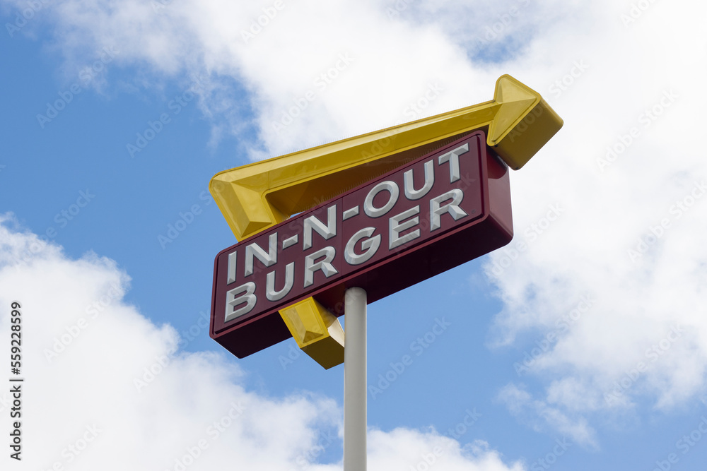 Grants Pass, OR, USA - Mar 19, 2022: In-N-Out Burger sign is seen at ...