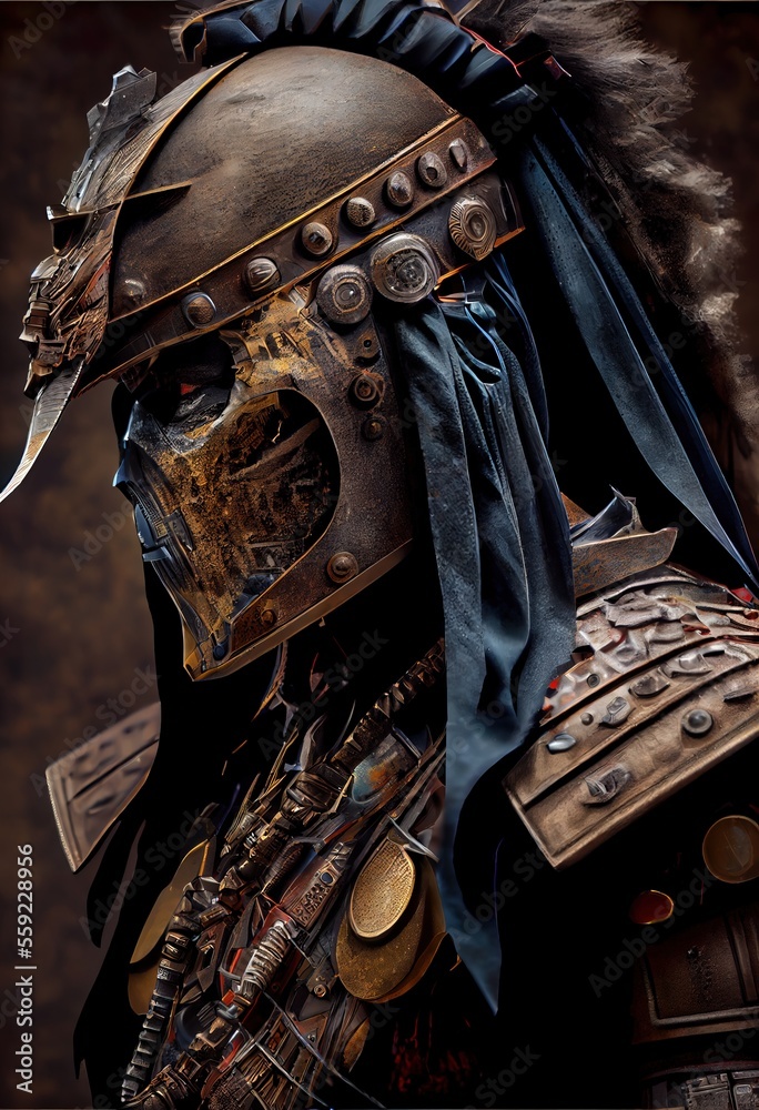 Portrait of an ancient male warrior in ancient warrior armor. The ...