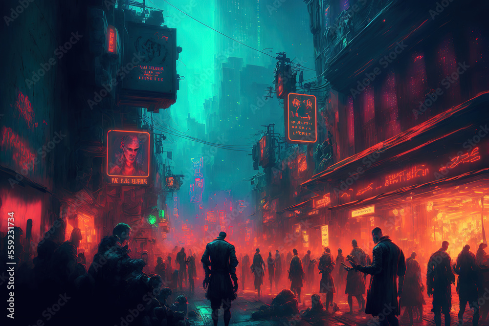 cyberpunk megacity city, crowds of people, neon lights, concept art ...