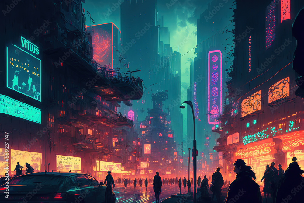 cyberpunk megacity city, crowds of people, neon lights, concept art ...