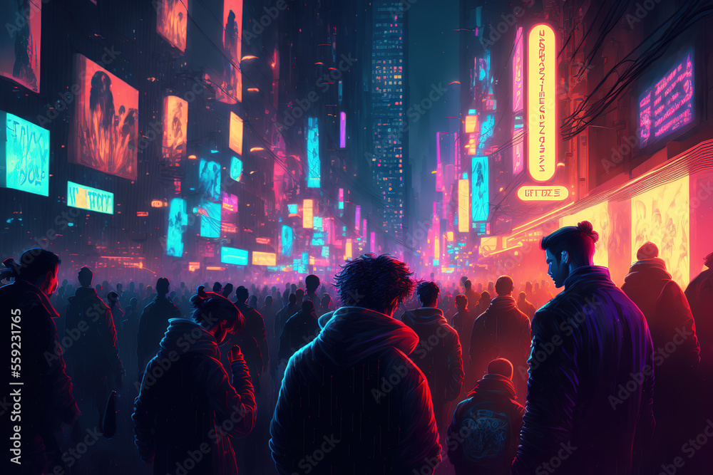 cyberpunk megacity city, crowds of people, neon lights, concept art ...