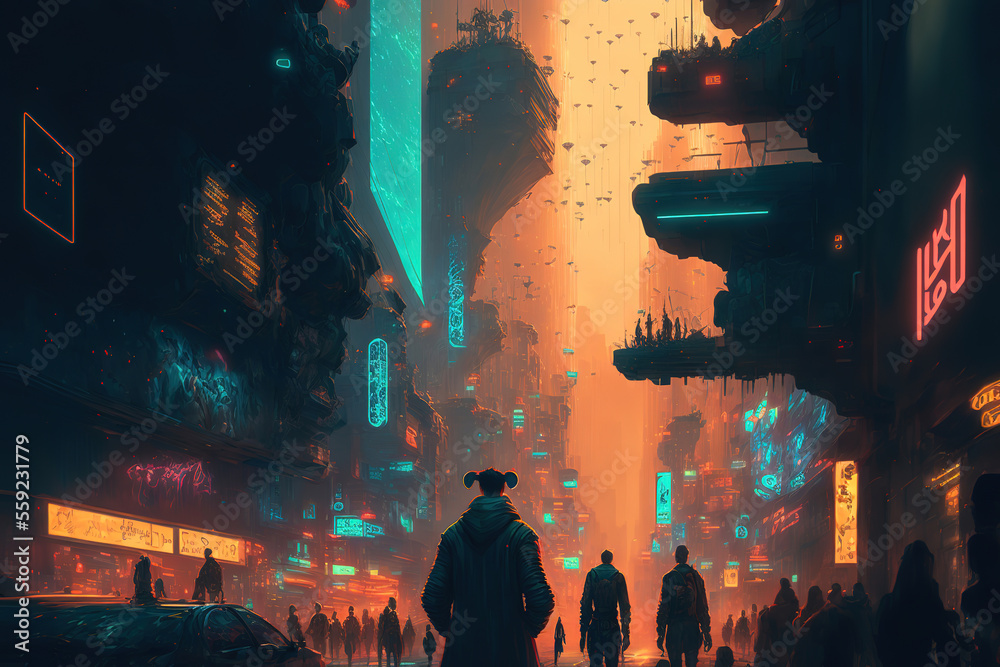 cyberpunk megacity city, crowds of people, neon lights, concept art ...