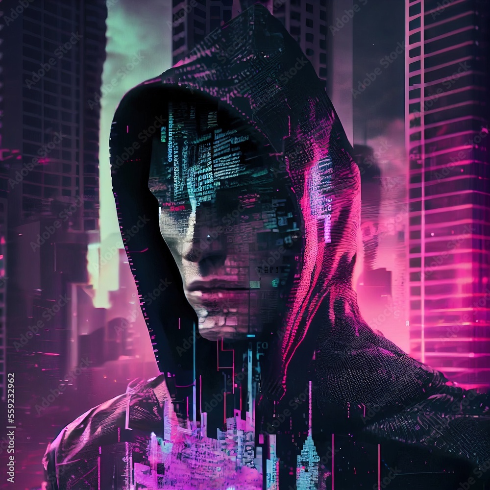 Portrait of a sci-fi cyberpunk hacker. High-tech futuristic man from ...