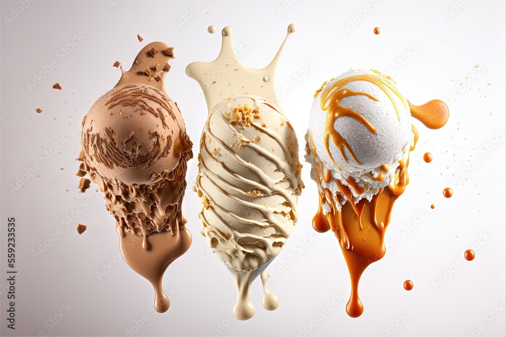 three ice creams with different flavors of ice cream and caramel sauce ...