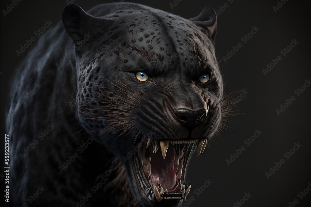 a black leopard with a big mouth and sharp teeth is shown in this ...