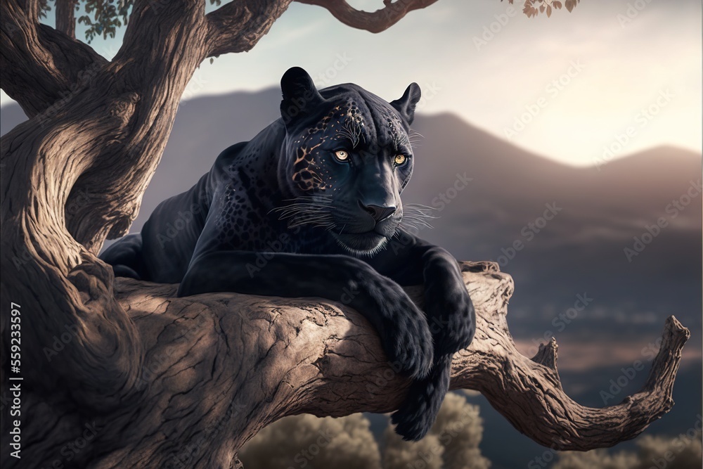 a black panther sitting on a tree branch with mountains in the ...