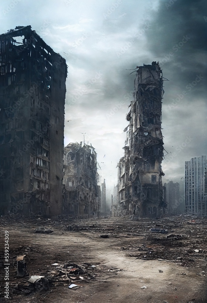 A post-apocalyptic ruined city. Destroyed buildings, destroyed roads ...