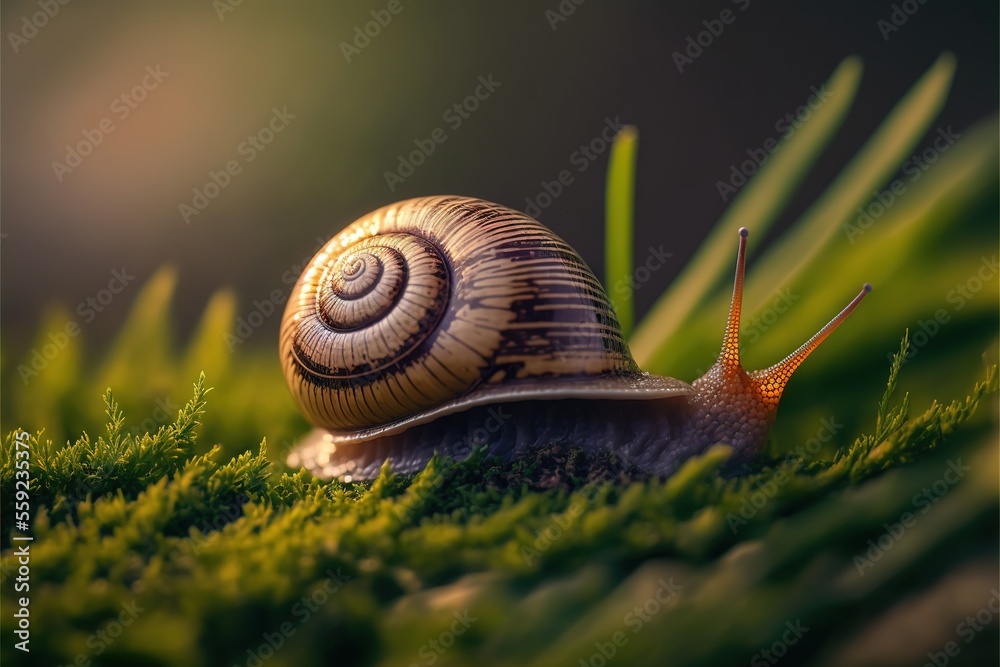a snail is sitting on a green grass covered ground with its shell ...