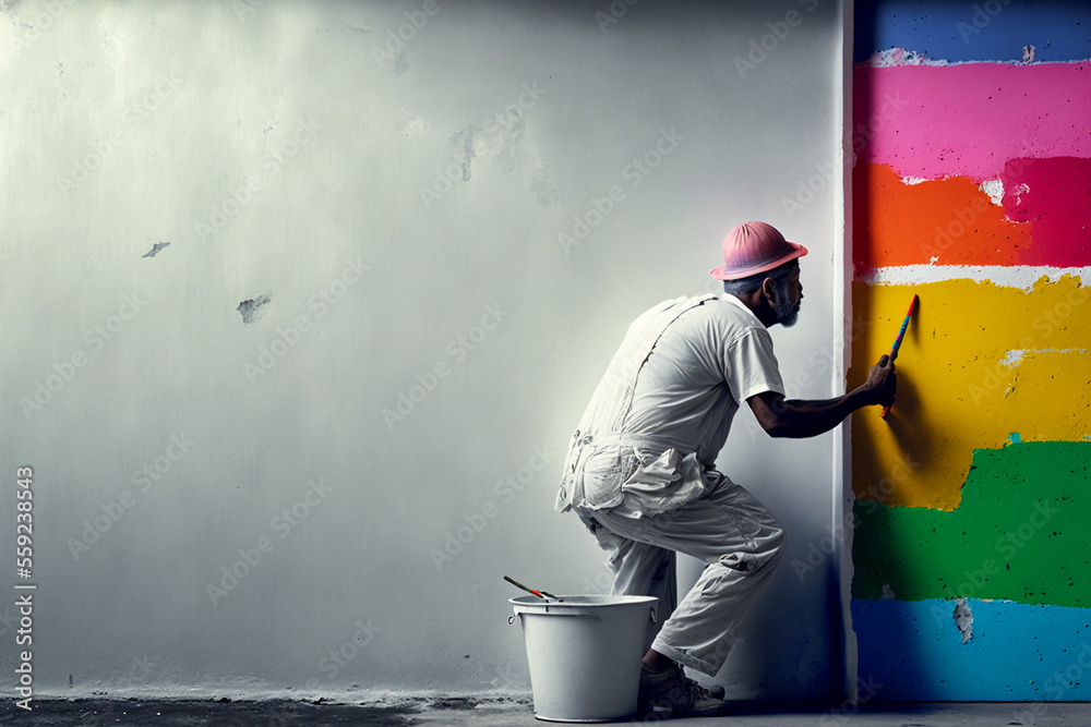 Lustiger Maler streicht eine weiße Wand bunt mit color splash Stock ...