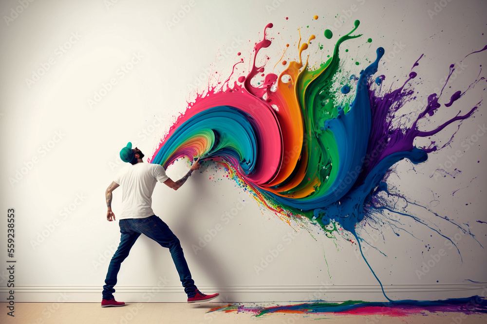 Lustiger Maler streicht eine weiße Wand bunt mit color splash Stock ...