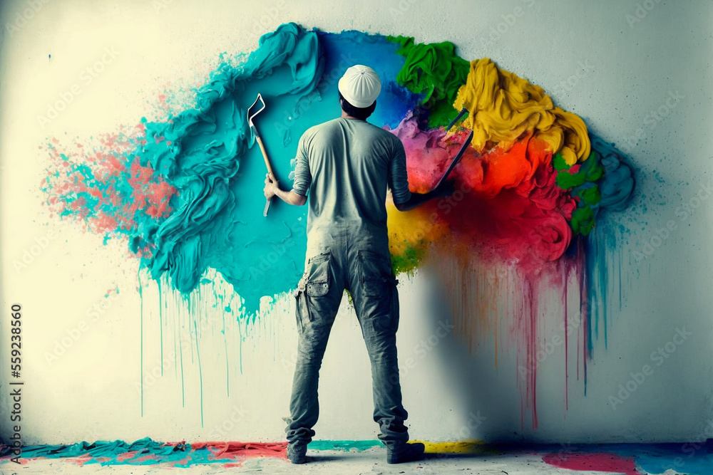 Lustiger Maler streicht eine weiße Wand bunt mit color splash 素材庫插圖 ...