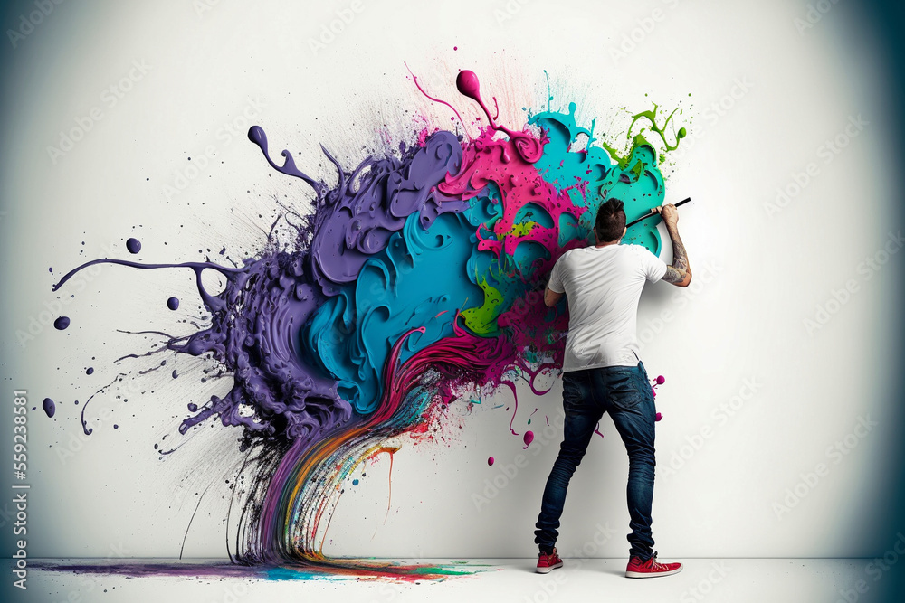 Lustiger Maler streicht eine weiße Wand bunt mit color splash Stock ...