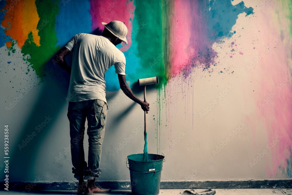Lustiger Maler streicht eine weiße Wand bunt mit color splash Stock ...