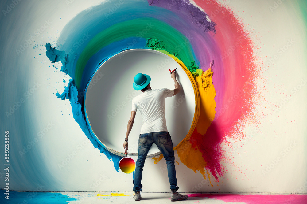 Lustiger Maler streicht eine weiße Wand bunt mit color splash Stock ...
