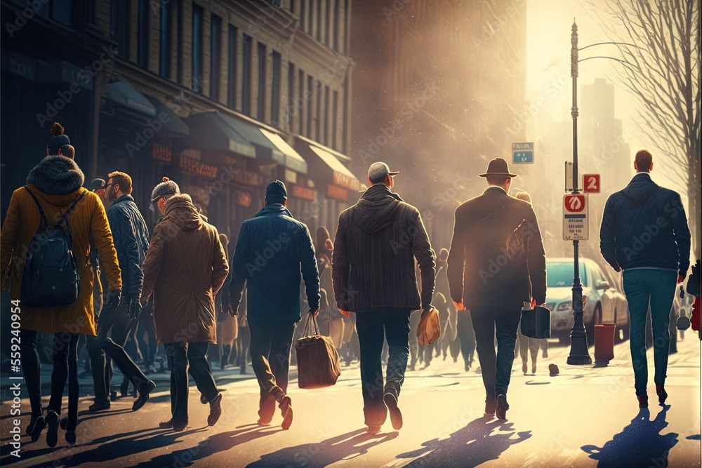 a group of people walking down a street next to a traffic light and a ...