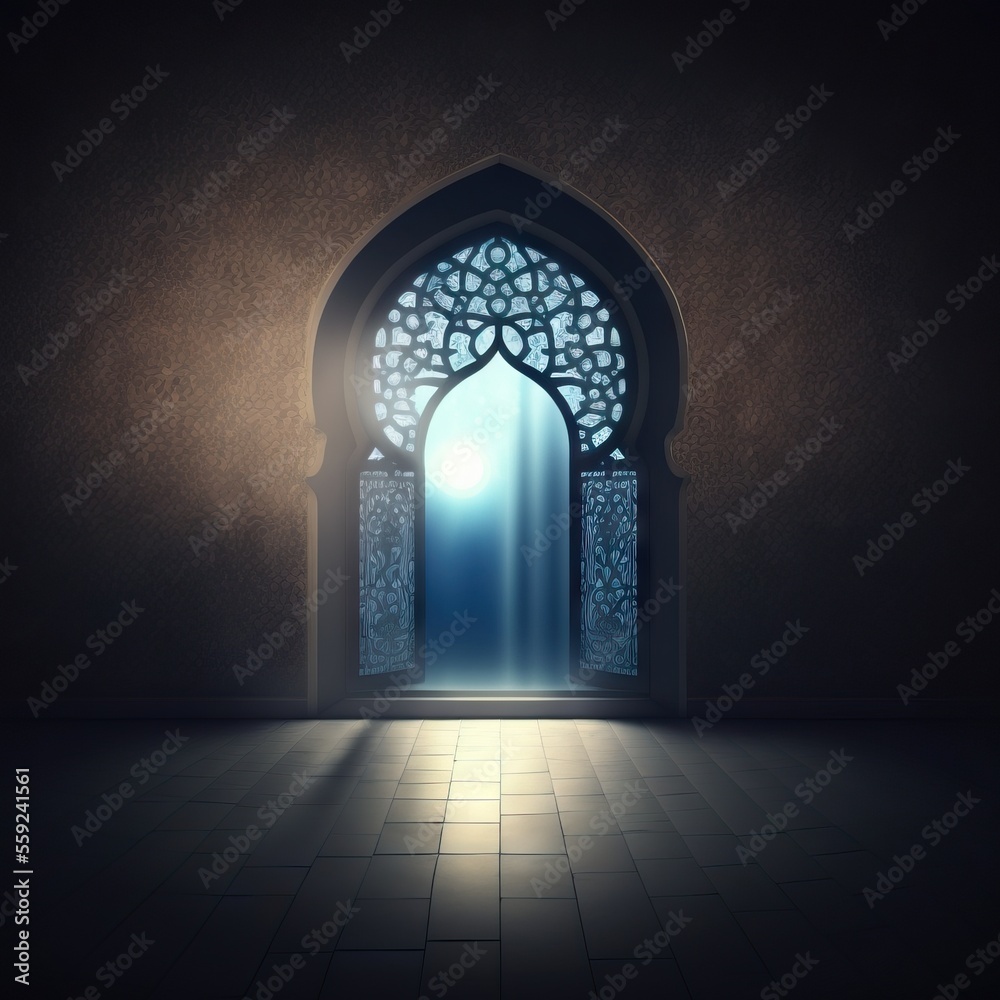 moon light shine through the window into islamic mosque interior ...