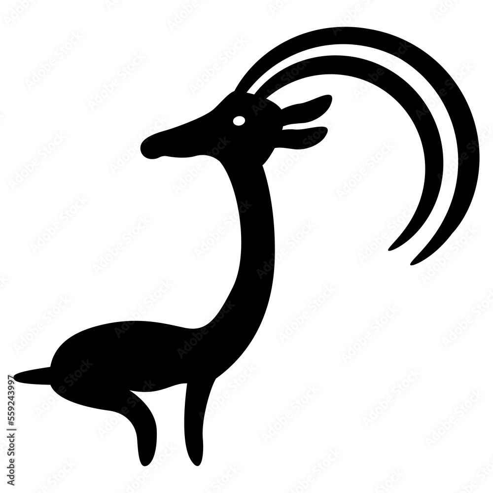 Stylized horned ibex goat. Ancient Iranian animal design. Black ...