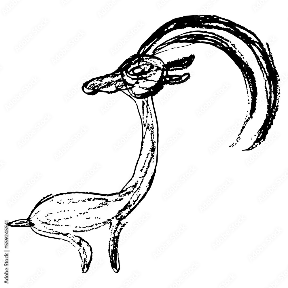 Stylized horned ibex goat. Ancient Iranian animal design. Hand drawn ...