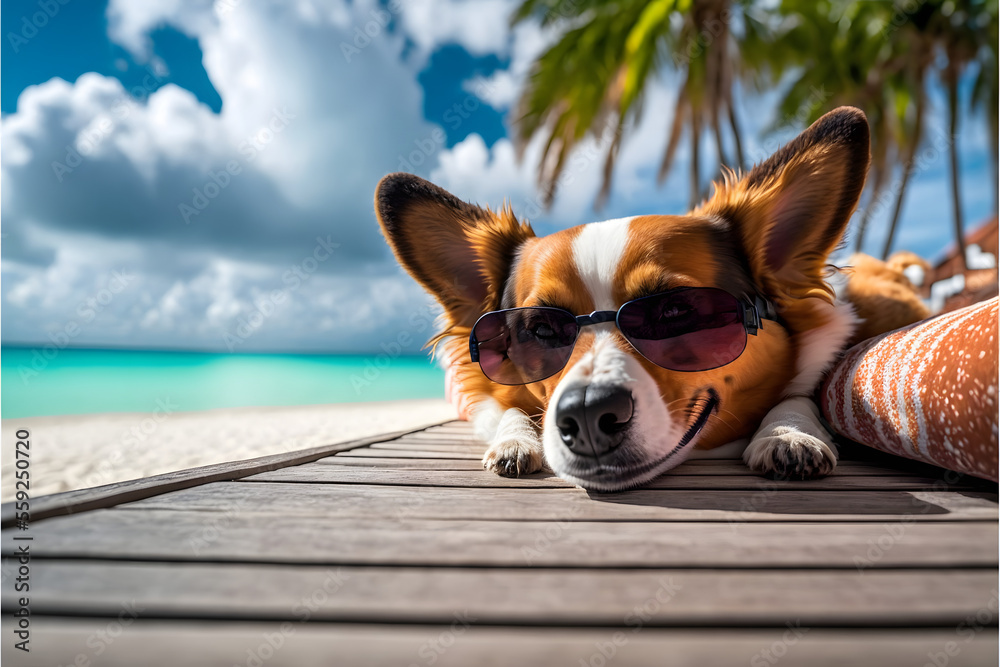 vacation on maldives, dog with sunglasses. Generative AI Stock ...
