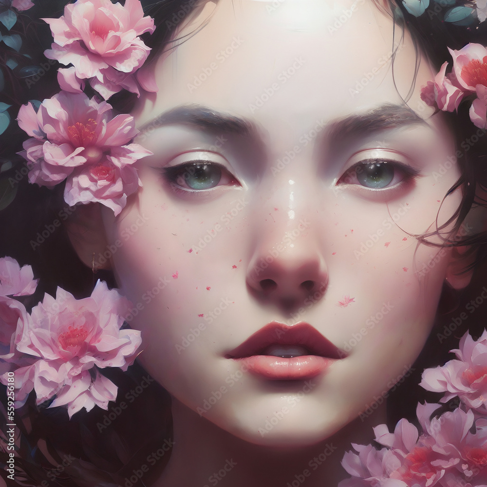 Mestizo woman adorned with pink flowers. Square large portrait ...