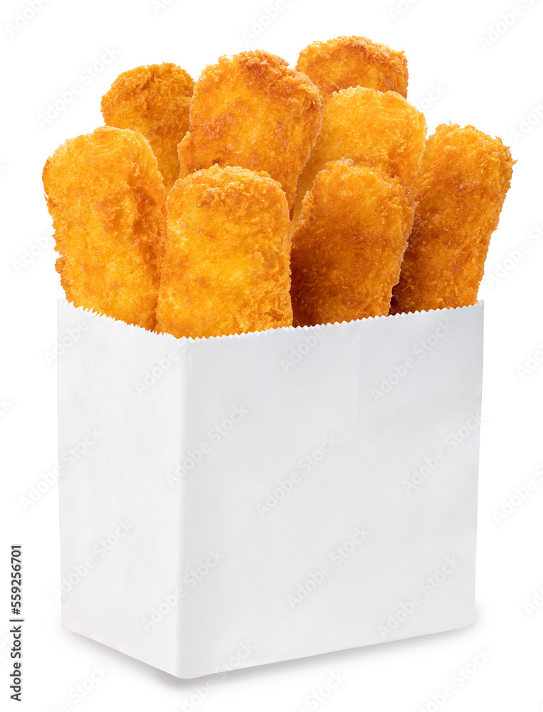 Fried Fish sticks in paper bag isolated on white, Fried fish fingers ...
