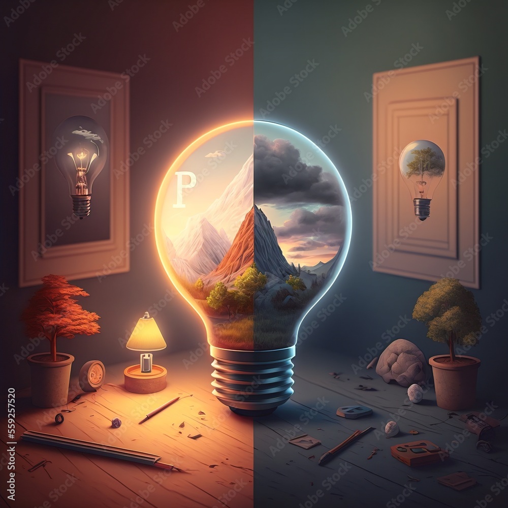 A small world trapped in a light bulb. A landscape inside a light bulb ...
